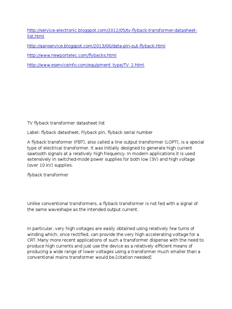TV Flyback Transformer Datasheet List | PDF | Electronics | Electricity