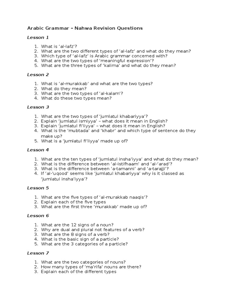 Arabic Grammar Revision Questions | PDF | Grammatical Gender | Style ...