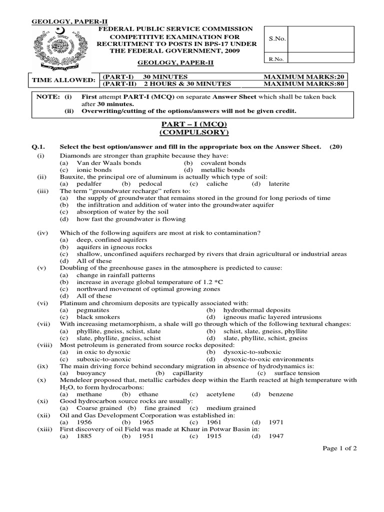 Geology FPSC Question Paper | PDF | Petroleum Reservoir | Permeability ...