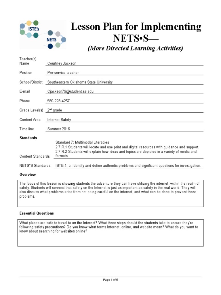 Lesson Plan For Implementing Nets - S-: (More Directed Learning ...