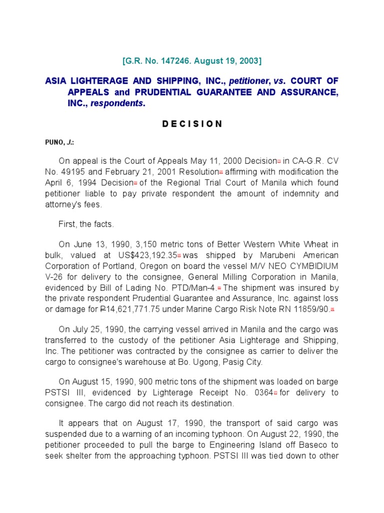 Asia Lighterage vs. Prudential Guarantee Case | PDF