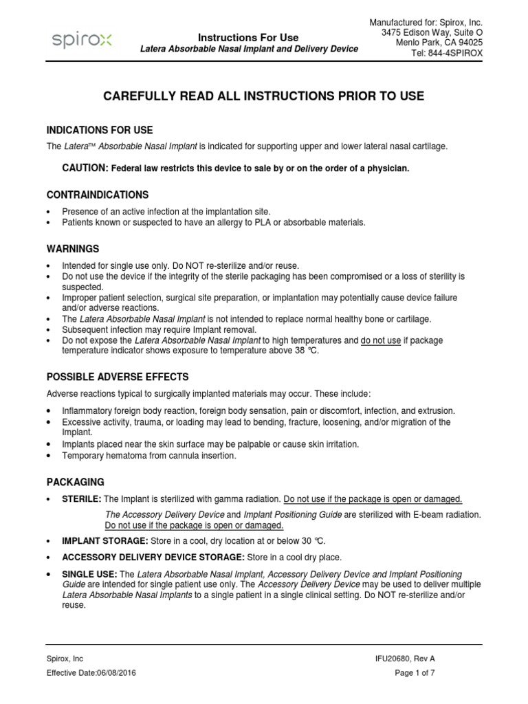 Spirox Latera Absorbable Nasal Implant and Delivery Device IFU | PDF ...