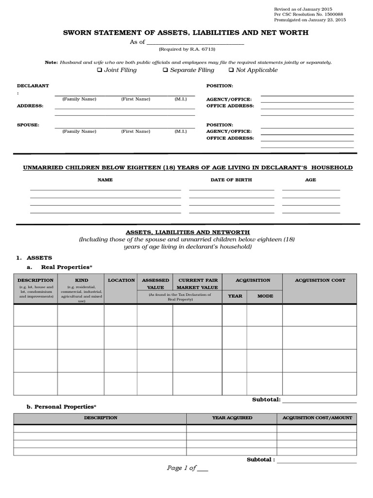 Sworn Statement of Assets, Liabilities and Net Worth | PDF | Business ...