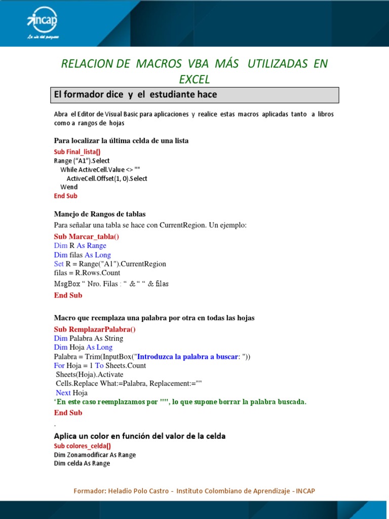 Ejemplos de Macros Vba Excel Aplicadas | PDF | Macro (informática) | Microsoft Excel