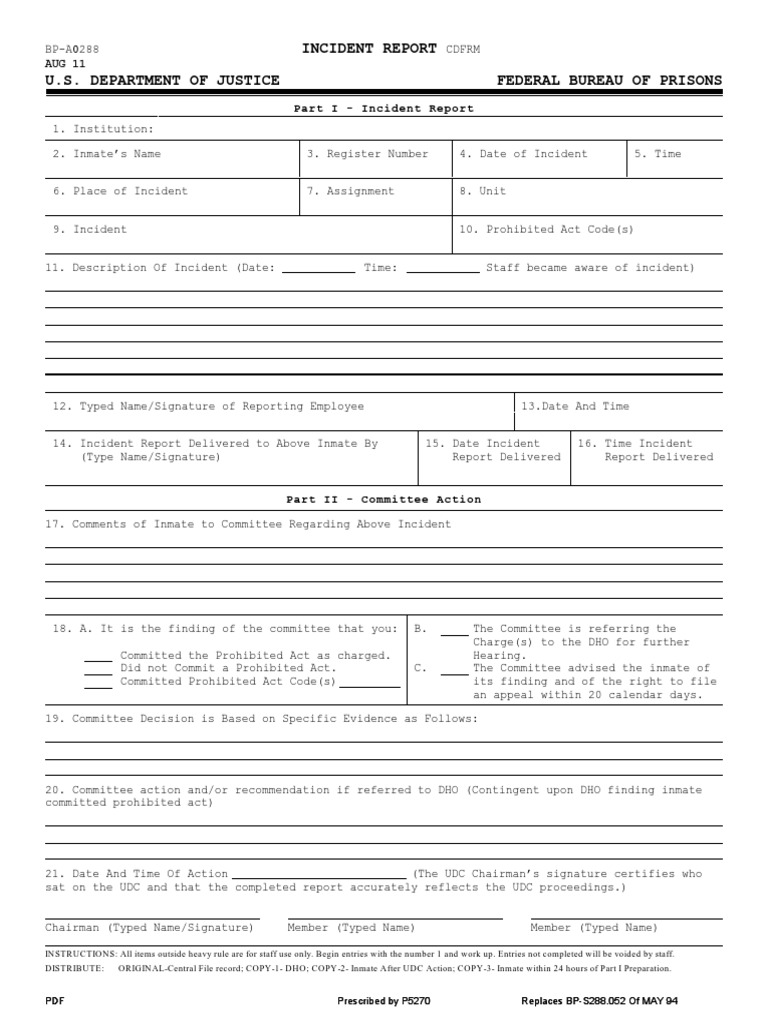 Incident Report U.S. Department of Justice Federal Bureau of Prisons | PDF