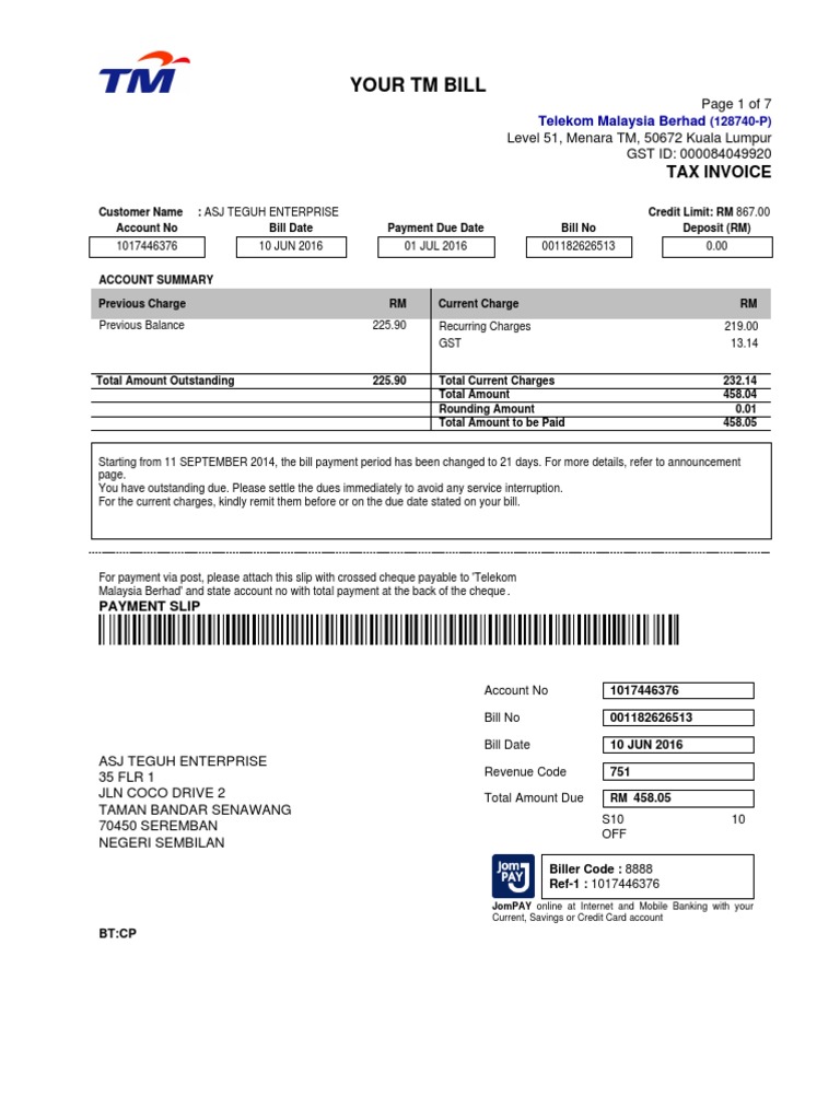 Telekom Malaysia Bill Summary | PDF | Invoice | Debit Card
