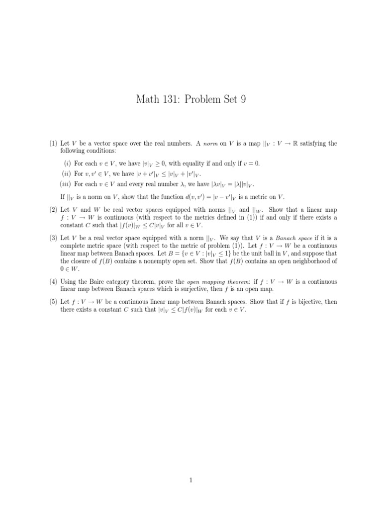 Math 131: Problem Set 9 | PDF | Banach Space | Metric Space