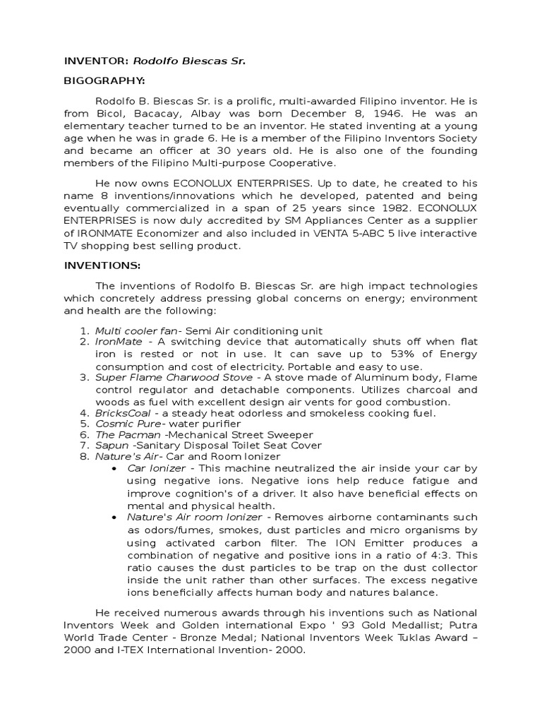 Rodolfo Biescas Inventor | PDF | Stove | Dust