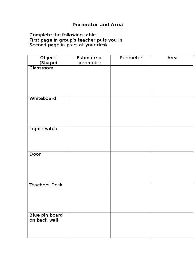 Perimeter and Area Estimation Table | PDF