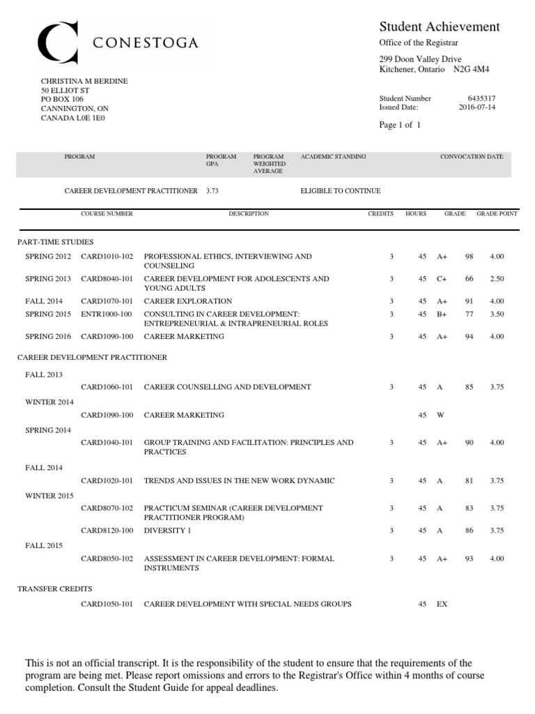 Conestoga Unofficial Transcript | PDF