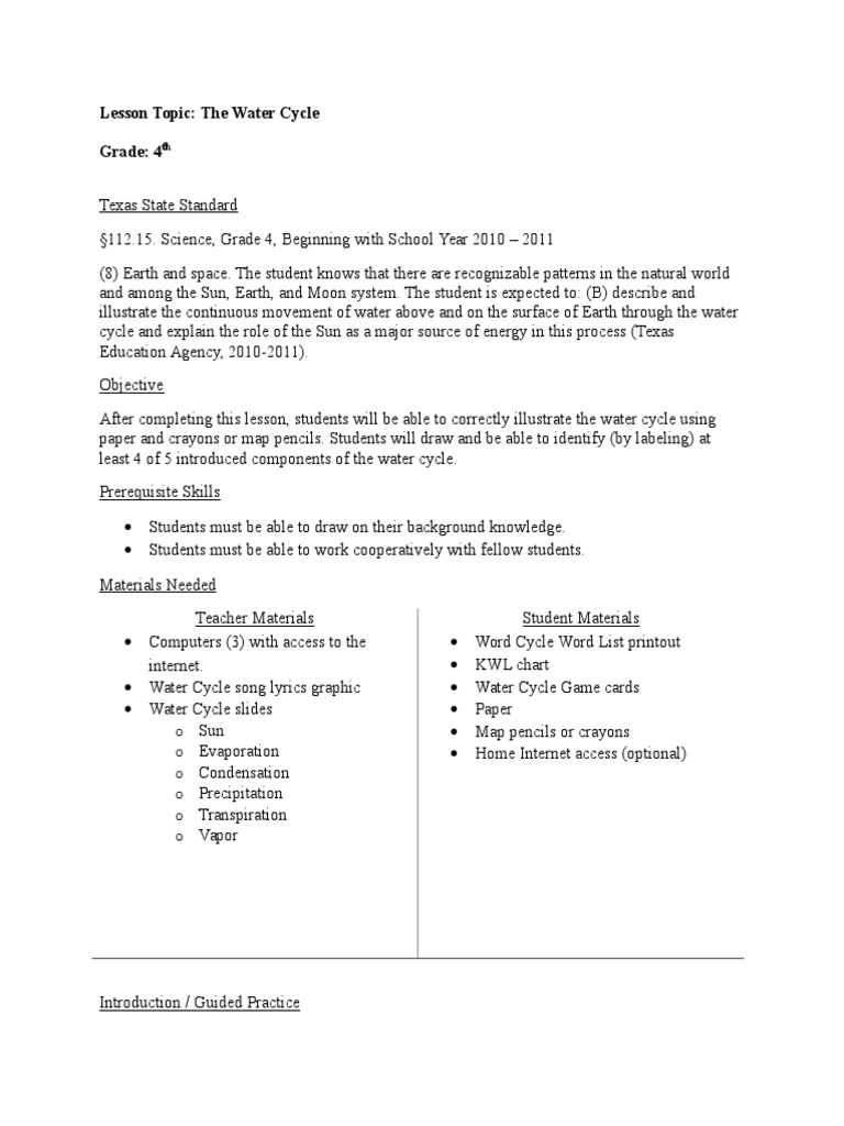 Lesson Topic: The Water Cycle Grade: 4 | Download Free PDF | Homework ...