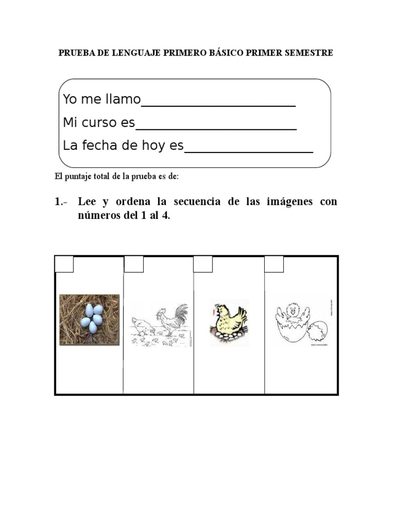 Prueba de Lenguaje Primero Básico Primer Semestre