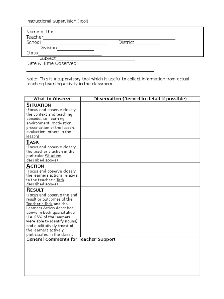 Instructional Supervision (Tool): What to Observe Observation (Record ...