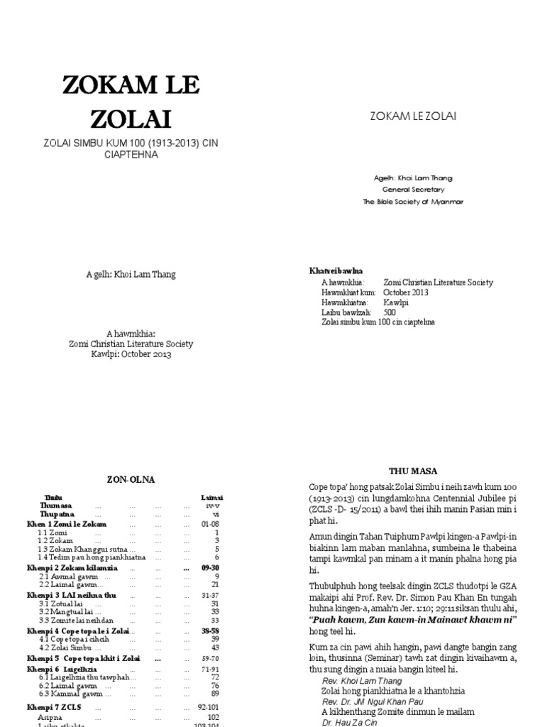 Zokam Le Zolai Zolai Simbu Kum 100 (1913-2013) Cin Ciaptehna | PDF