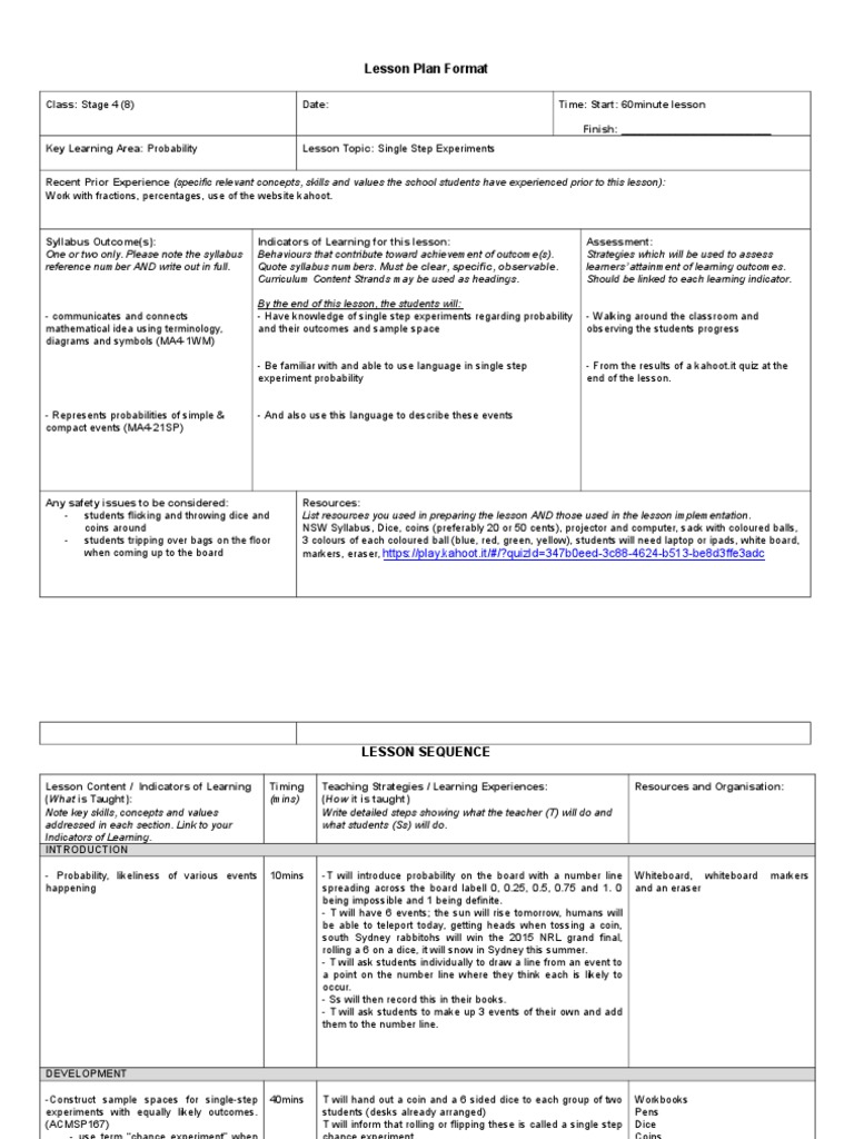Stage 4 Probability Lesson Plan | PDF | Probability | Experiment