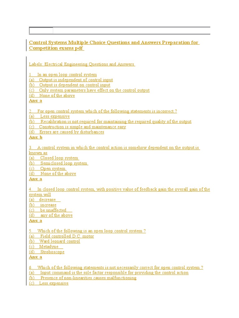 MCQs of Control Systems | PDF | Capacitor | Battery (Electricity)