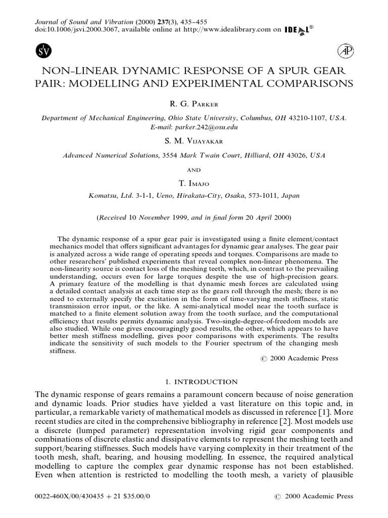 Non-Linear Dynamic Response of A Spur Gear Pair: Modelling and Experimental Comparisons | PDF ...