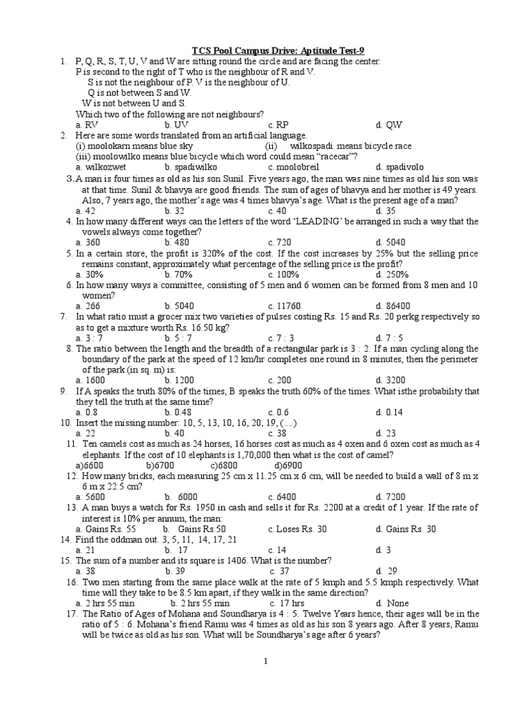 Tcs Recruitment Previous Year Pattern Questions Set 9 Business 