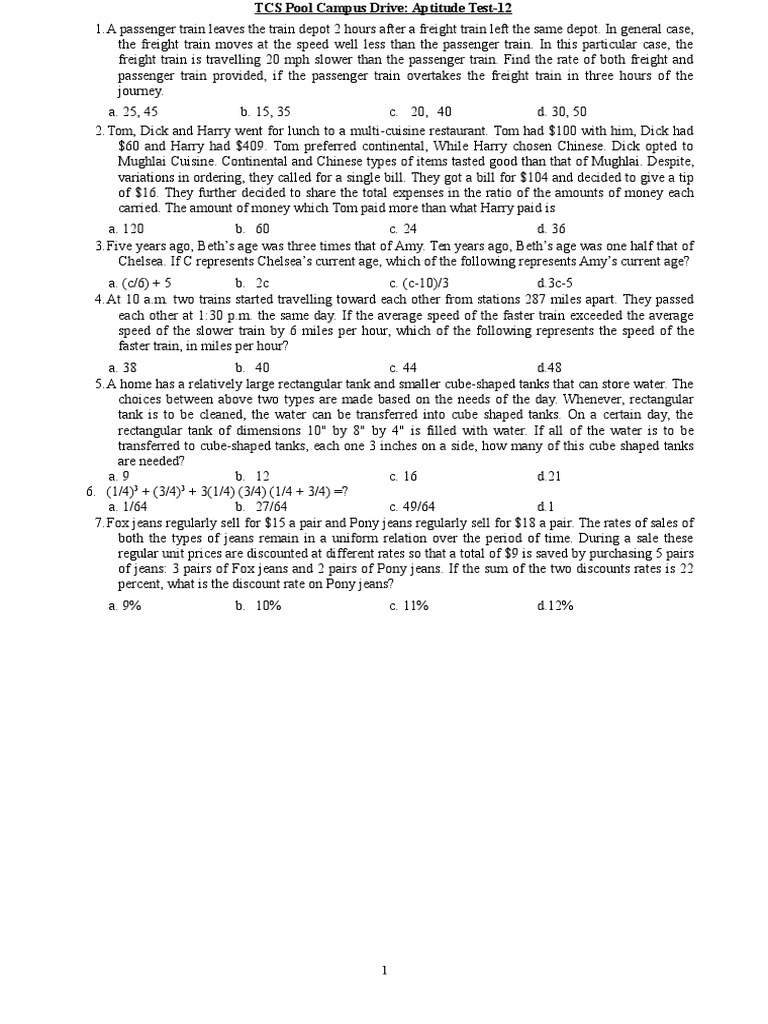 TCS Recruitment Previous Year Pattern Questions Set-12 | Percentage ...