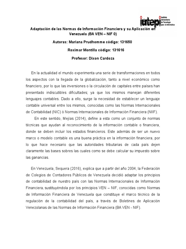 Ensayo: VEN-NIF #0 | PDF | normas internacionales de INFORMACION ...