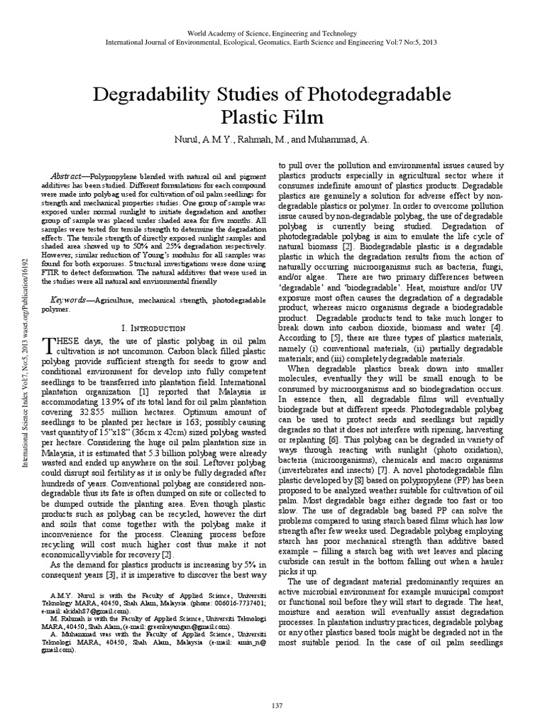 Degradability Studies of Photodegradable Plastic Films, 2013 | PDF ...