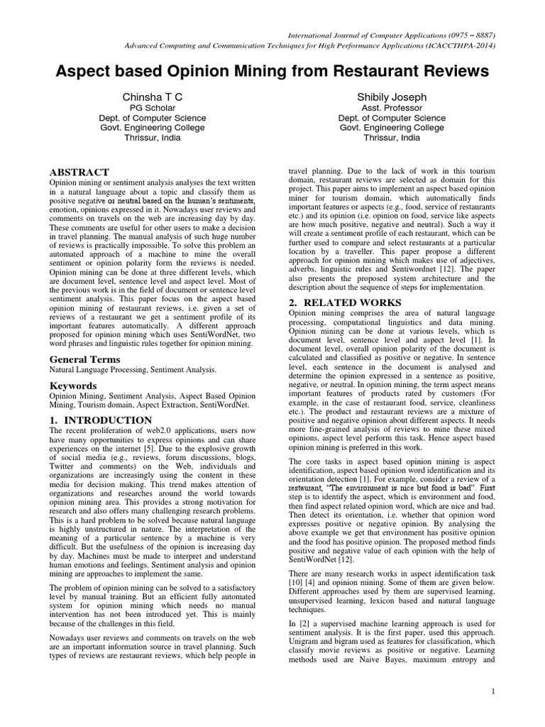 Aspect Based Opinion Mining Guide Pdf Cognitive Science Linguistics