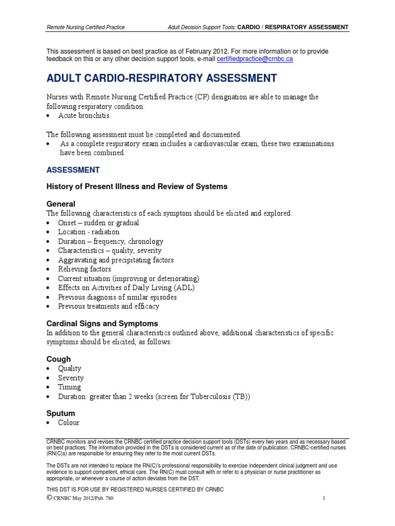 Adult Cardio-Respiratory Assessment | PDF | Coronary Artery Disease | Cough