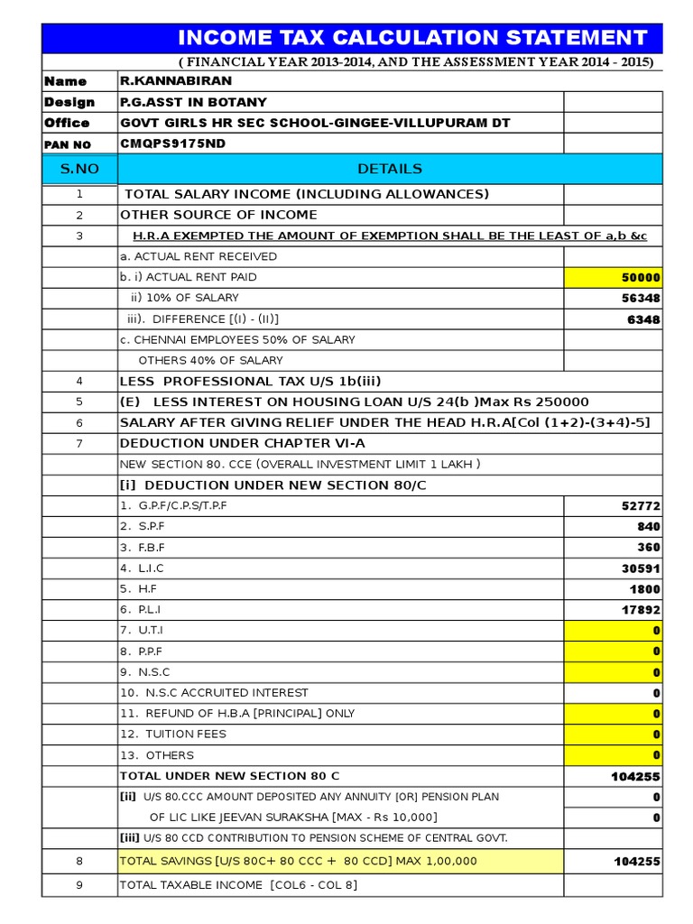 Income Tax Calculation Statement: (Financial Year 2013-2014, and The ...