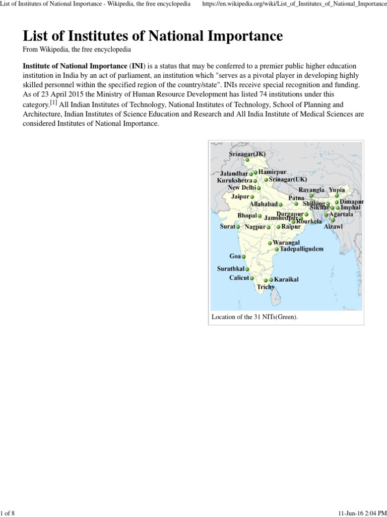 List of Institutes of National Importance 1- Wikipedia, The Free ...