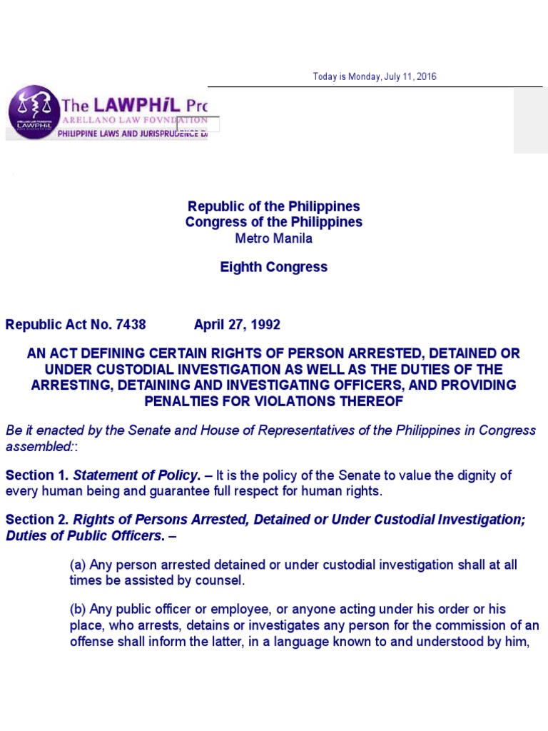 Ra 7438 | PDF | Right To Silence | Crime & Violence