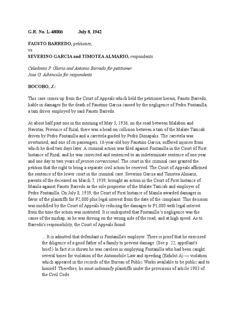 G.R. No. L-48006 July 8, 1942 FAUSTO BARREDO, Petitioner, Severino ...