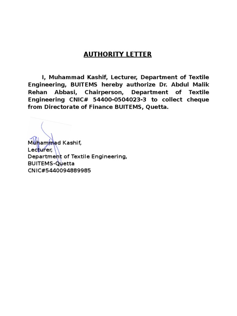 Authority Letter: Muhammad Kashif, Lecturer, Department of Textile ...