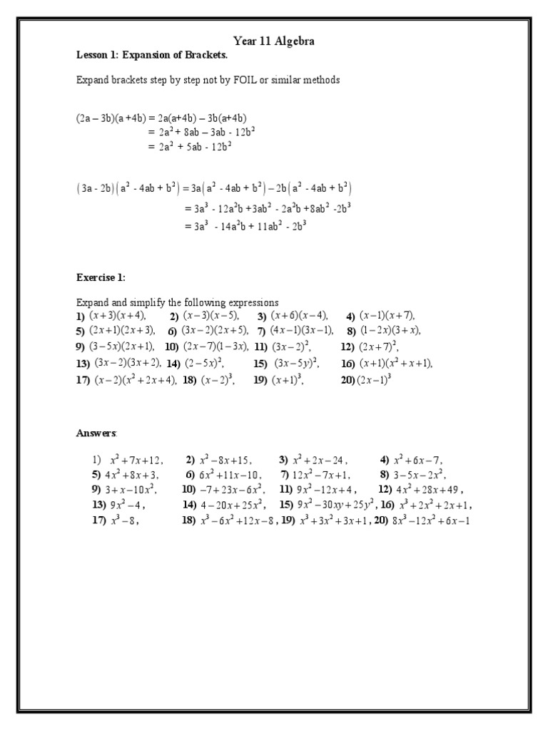 Year 11 Algebra: Expanding Brackets | PDF | Teaching Methods & Materials