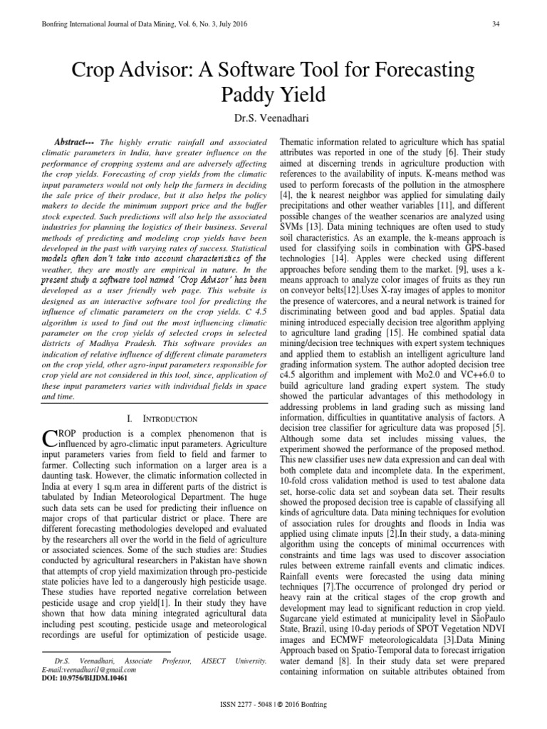 Crop Advisor: A Software Tool For Forecasting Paddy Yield | PDF ...