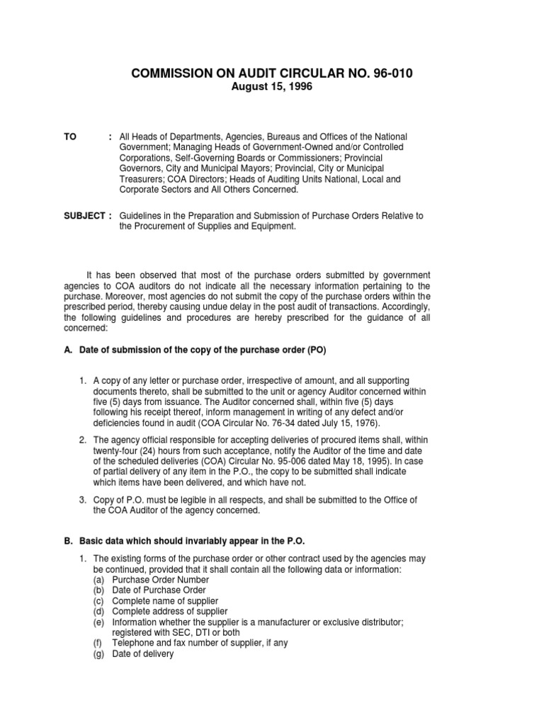 COA Guidelines for Purchase Order Preparation | PDF | Audit ...