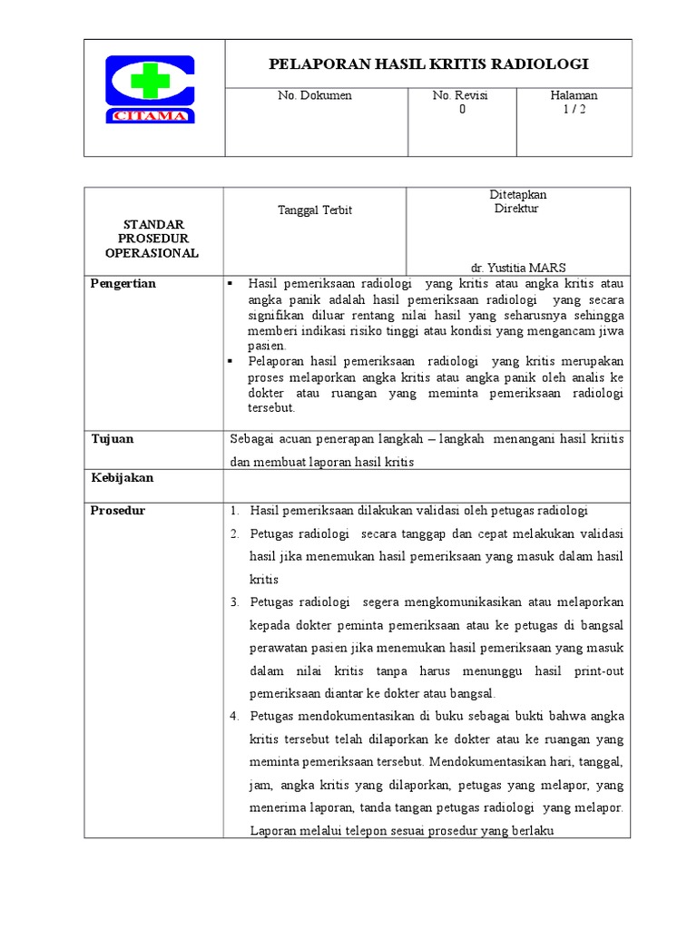 Pelaporan Hasil Kritis Radiologi | PDF