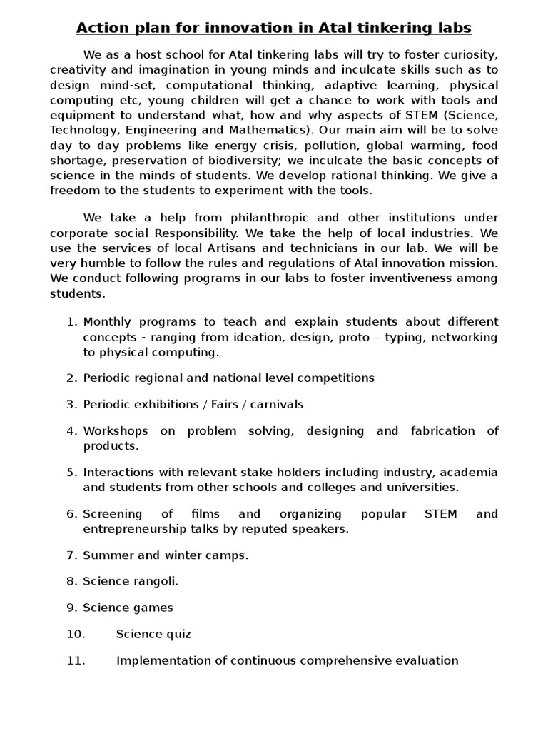 Revised-Action Plan For Innovation in Atal Tinkering Labs | PDF | Wellness