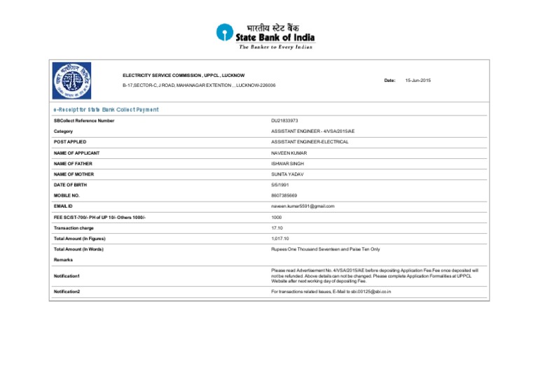 E Receipt For State Bank Collect Payment | PDF