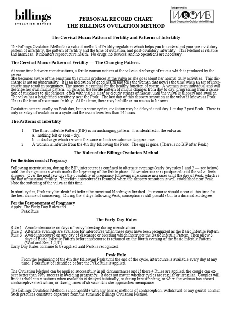 Personal Record Chart The Billings Ovulation Method: The Cervical Mucus ...