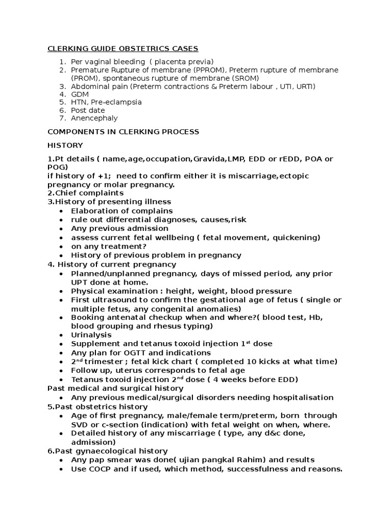 Clerking Guide Obstetrics Cases | PDF | Preterm Birth | Pregnancy