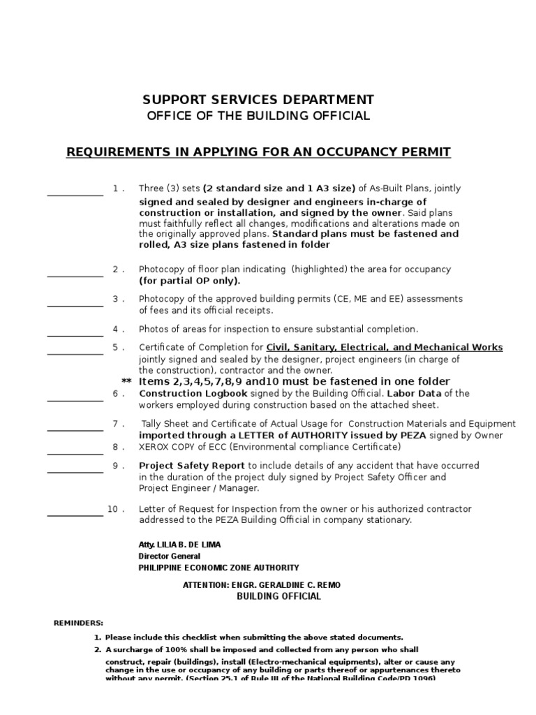 Requirements For Occupancy Permit For PEZA | PDF | Engineering | Business