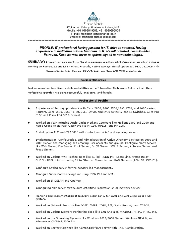 Updated CV-Firoz Khan | PDF | Cisco Systems | Computer Network