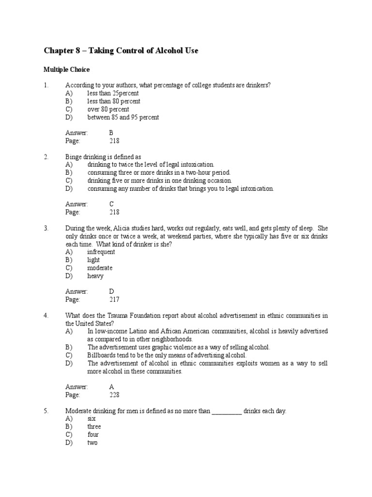Chapter 8 - Taking Control of Alcohol Use: Multiple Choice | PDF ...