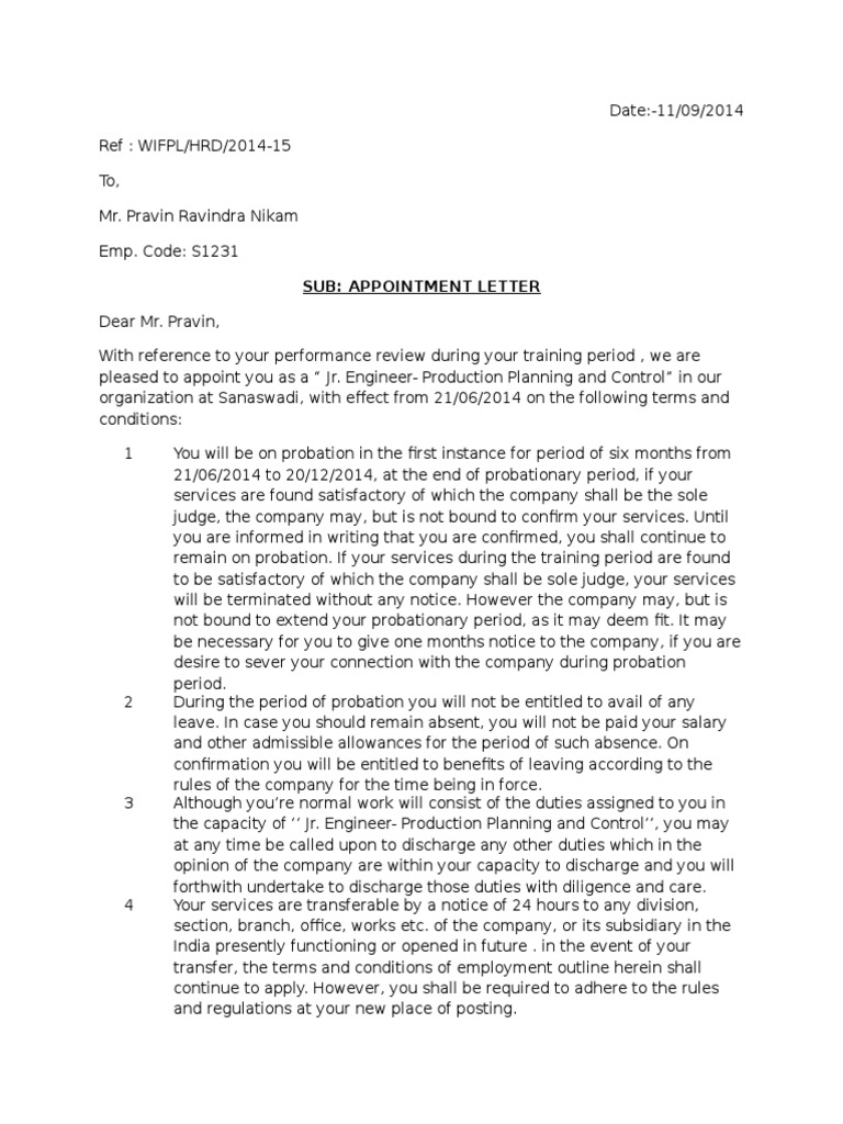 Sub: Appointment Letter | PDF