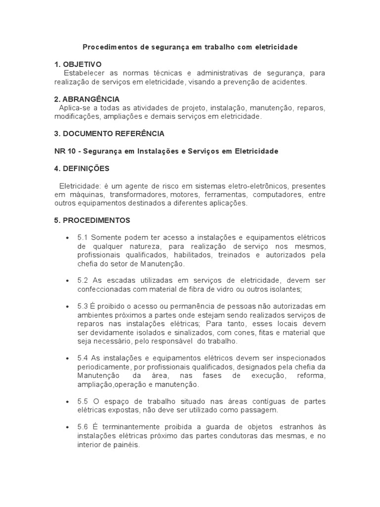 Procedimentos de Segurança e Normas Técnicas para Trabalho com ...