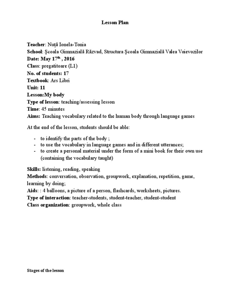 Lesson Plan Body Parts Pregatitoare | PDF | Lesson Plan | Vocabulary