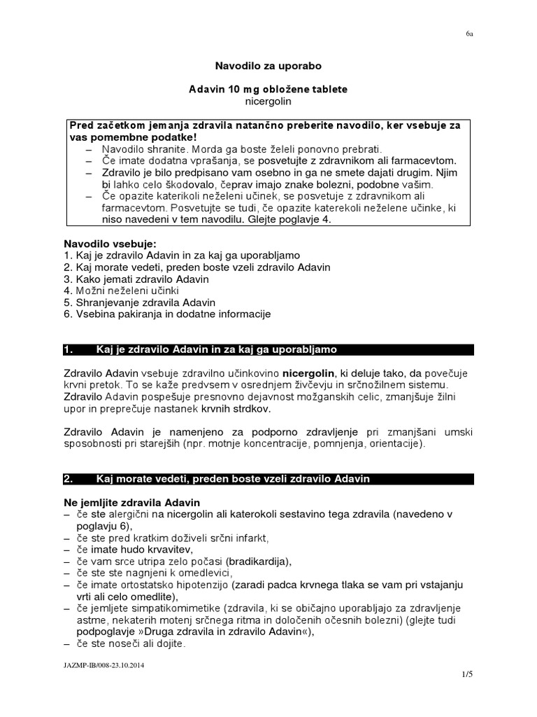 Adavin 10mg Oblozene Tablete PIL 23.10.2014 | PDF