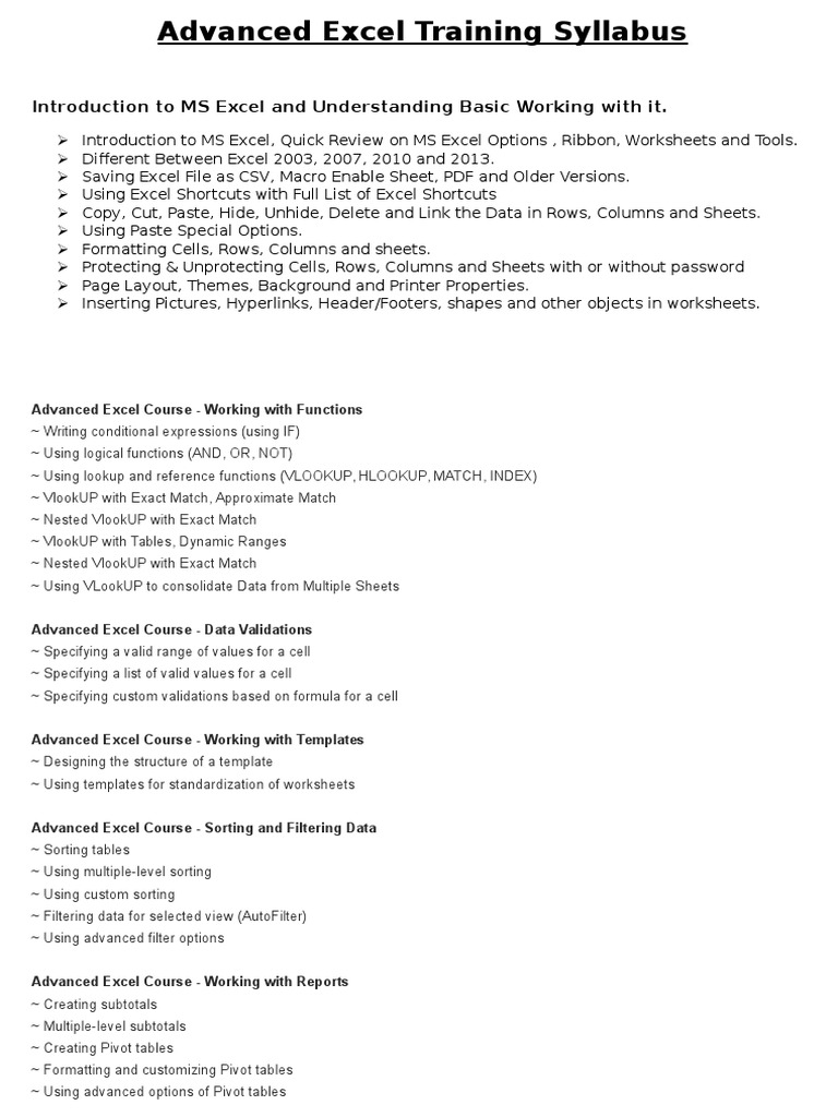 Excel Training Syllabus | Download Free PDF | Microsoft Excel | Data