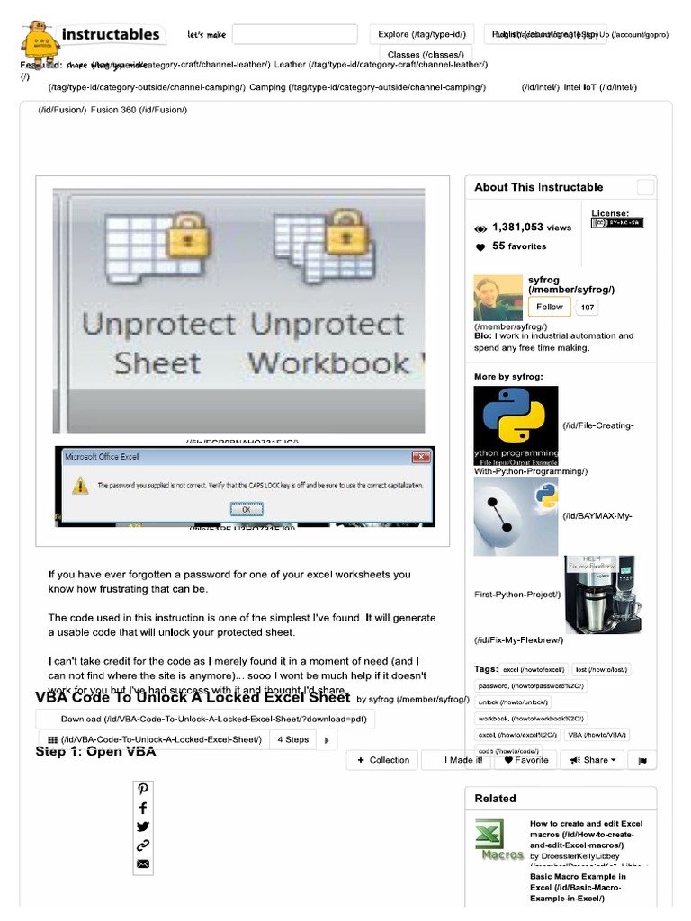 VBA Code To Unlock A Locked Excel Sheet | PDF | Computing And ...