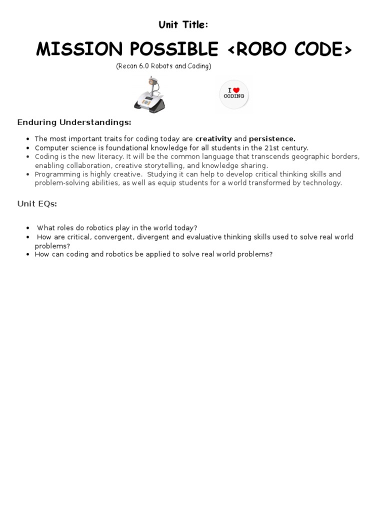 Mission Impossible - Robo Code - Unit Lesson Plans | PDF | Bit | Computer Programming